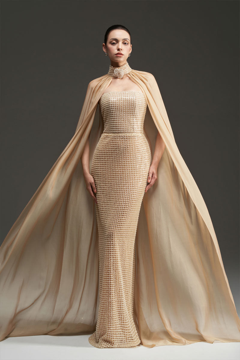 Beige Pearl Square Mesh Lace Column Dress with Silk Shawl – IHF STUDIO