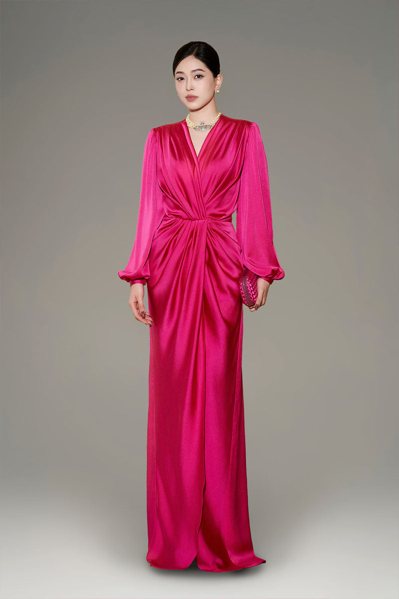 Fuchsia Draped details Satin Dress – IHF STUDIO